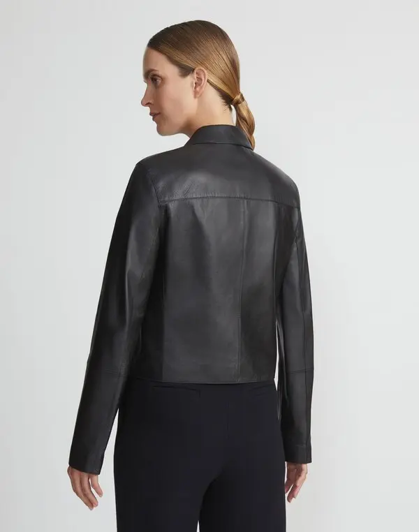 Lafayette 148 New York Leather Zip Cropped Jacket - Black