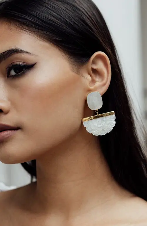 FREYA ROSE Hand Carved Mother Of Pearl Rose Drop Earrings - Gold