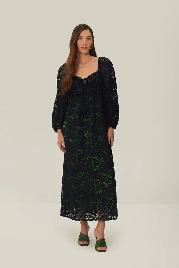 Farm Rio Lace Long Sleeve Midi Dress