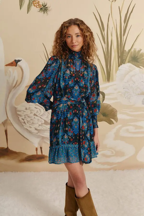 Farm Rio Blue Arabesque Floral Mini Dress - Arabesque Floral Blue