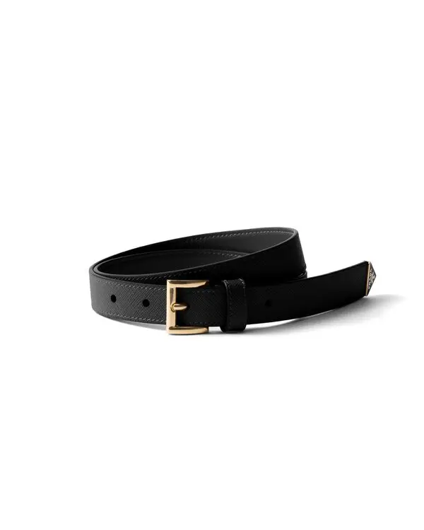 Prada Saffiano Leather Belt With Gold Tone Buckle - Black
