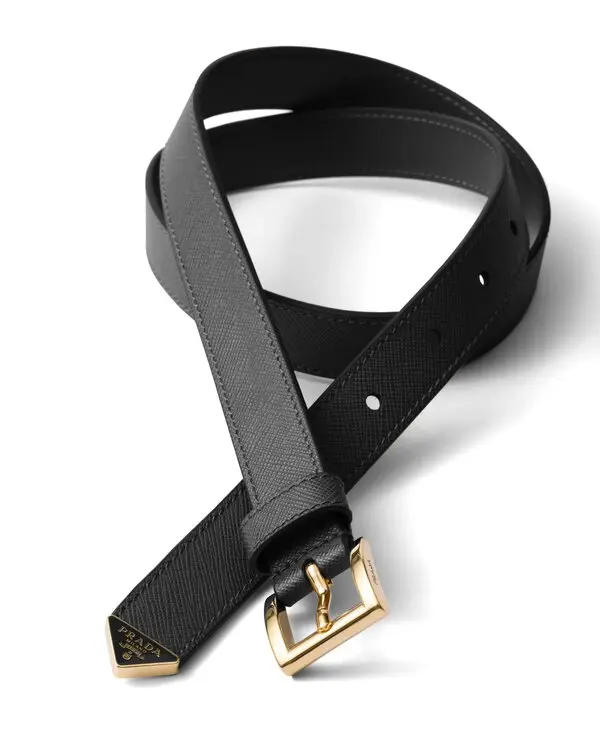 Prada Saffiano Leather Belt With Gold Tone Buckle - Black
