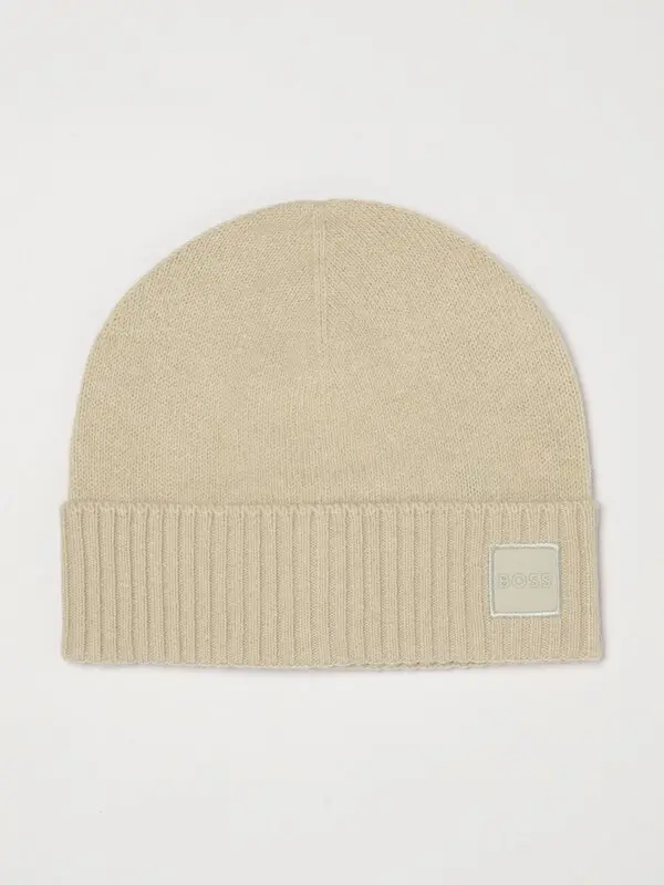 BOSS Wool And Cotton Beanie Hat With Turn-up Cuff And Embroidered Logo - Beige