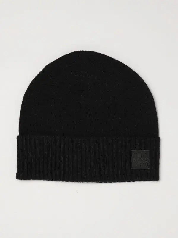 BOSS Wool And Cotton Beanie Hat With Turn-up Cuff And Embroidered Logo - Black