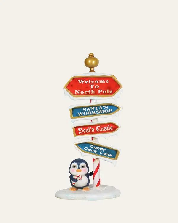 UNIVERSAL STATUES North Pole Sign With Baby Penguin Christmas Decoration