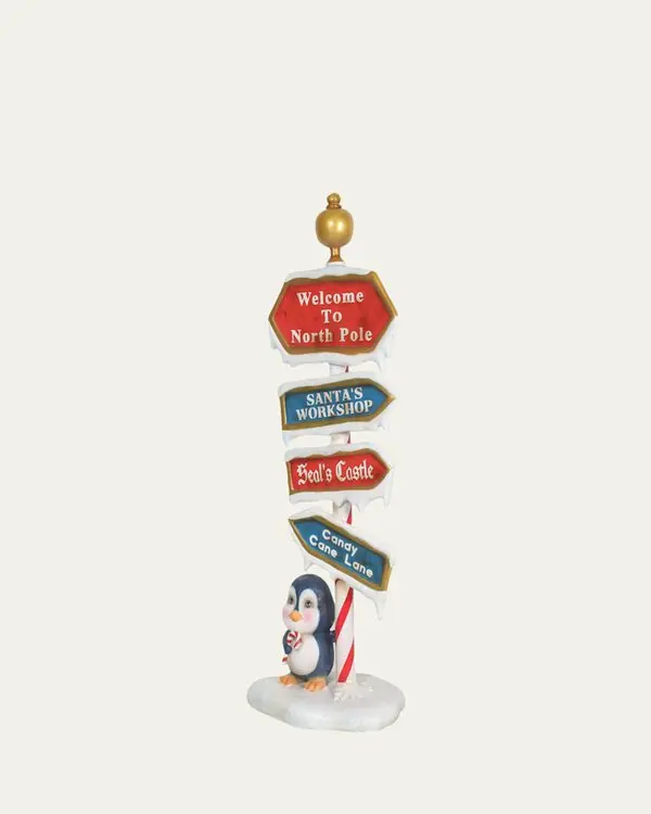 UNIVERSAL STATUES North Pole Sign With Baby Penguin Christmas Decoration