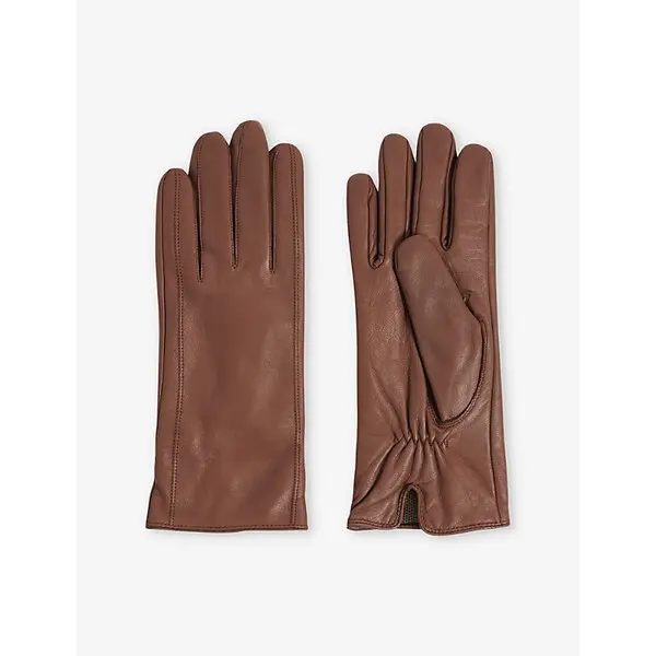 REISS Elasticated-cuff Leather Gloves - Chocolate