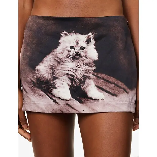 Ashley Williams Kitten-Print Satin Woven Mini Skirt - Black