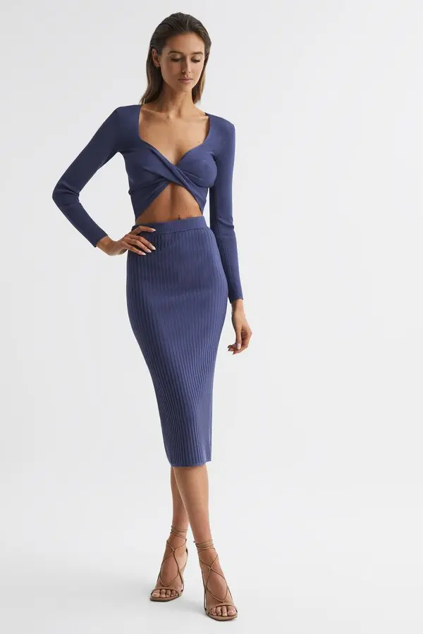 Reiss Iona Knitted Pencil Co-Ord Skirt In Blue 70% Off