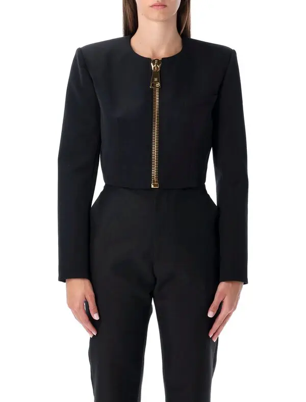 Balmain Cropped Grain De Poudre Wool Jacket - Black