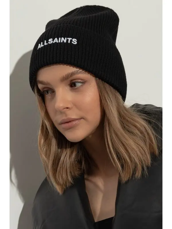 Allsaints Logo-Embroidered Beanie - Black | Editorialist display picture 3