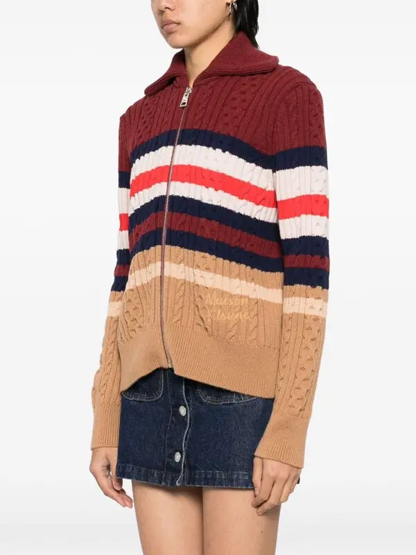 Maison Kitsuné Striped Cable Zipped Cardigan - Red