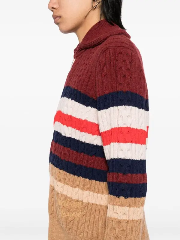 Maison Kitsuné Striped Cable Zipped Cardigan - Red