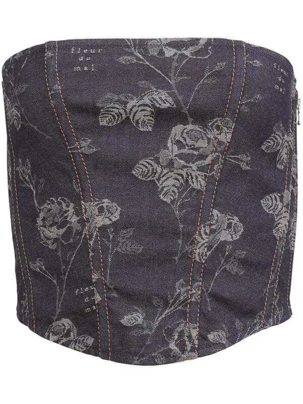 FLEUR DU MAL Floral-jacquard Corset Top - Blue
