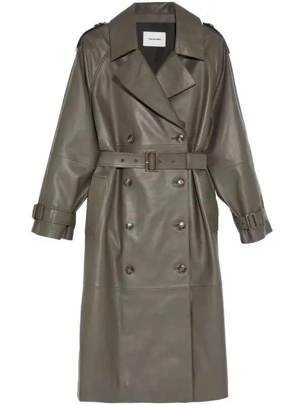 YVES SALOMON Belted Lambskin Leather Trench Coat - Grey