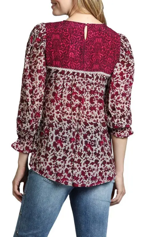 APNY Mixed Media Peasant Top - Red Multi
