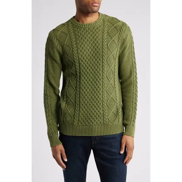 SCHOTT Stonewash Cable Stitch Sweater - Olive