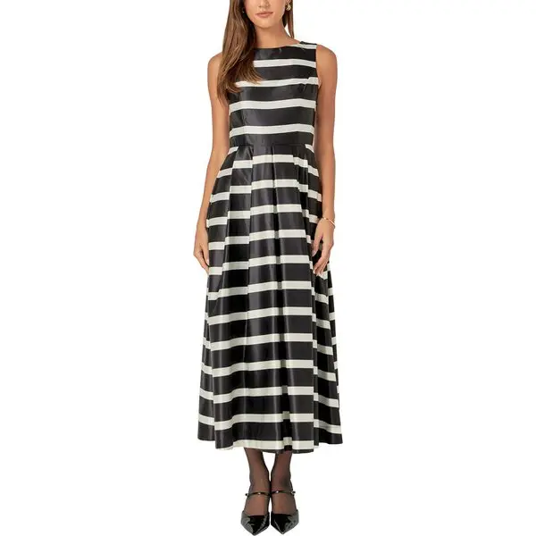 English Factory Stripe Sleeveless Midi Dress - Black/White | Editorialist