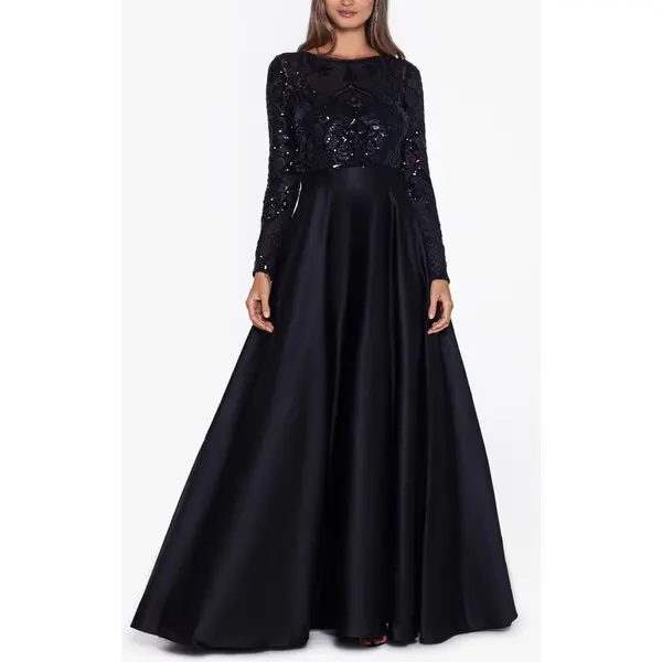 Betsy & Adam Sequin Long Sleeve Ballgown