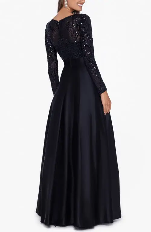 Betsy & Adam Sequin Long Sleeve Ballgown