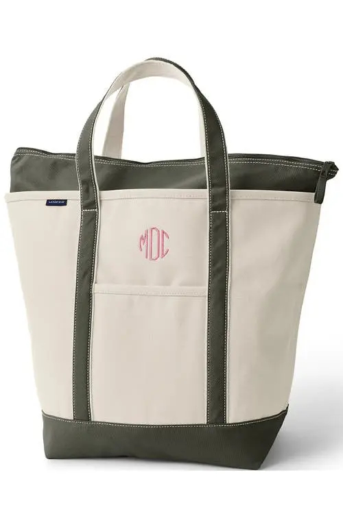 LANDS' END Zip Top Canvas Tote Bag - Natural/dark Olive Green