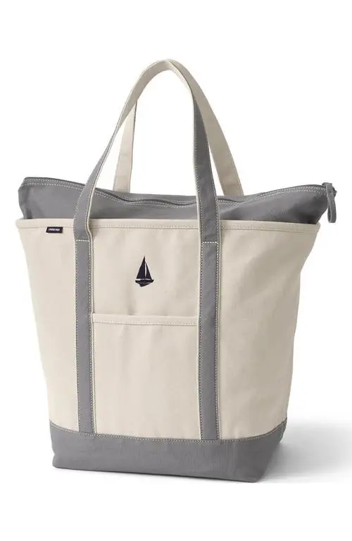 LANDS' END Zip Top Canvas Tote Bag - Natural/silver Graphite