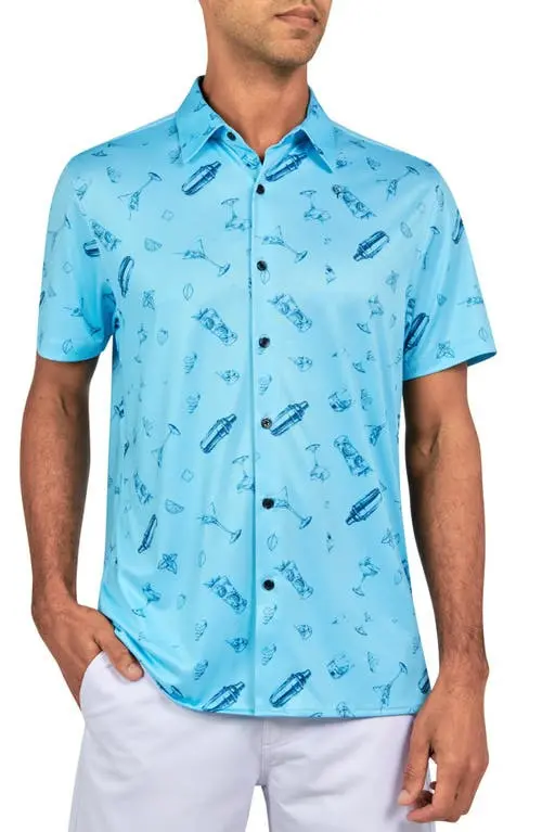 CON.STRUCT Regular Fit Cocktail Print Recycled Performance Golf Button-down Shirt - Aqua