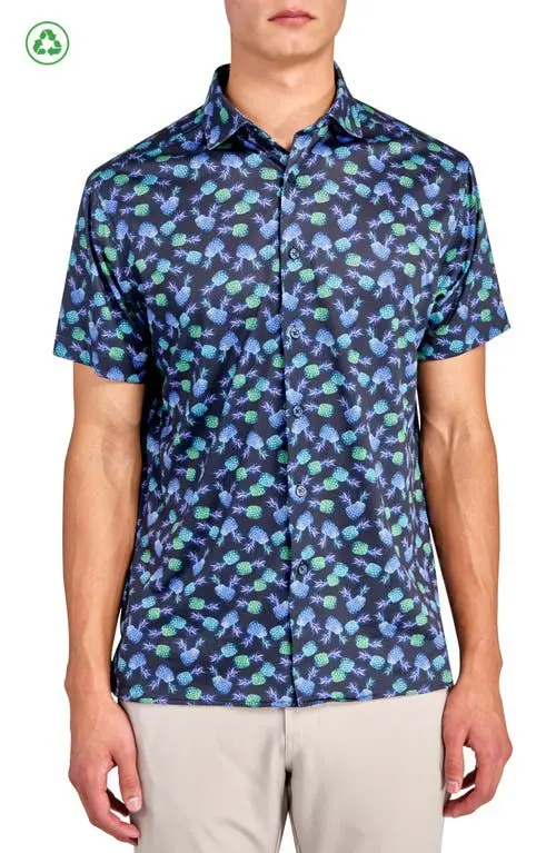 CON.STRUCT Regular Fit Pineapple Print Recycled Performance Golf Button-down Shirt - Navy