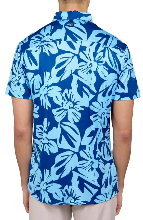 CON.STRUCT Regular Fit Exploded Floral Print Recycled Performance Golf Button-down Shirt - Light Blue/navy