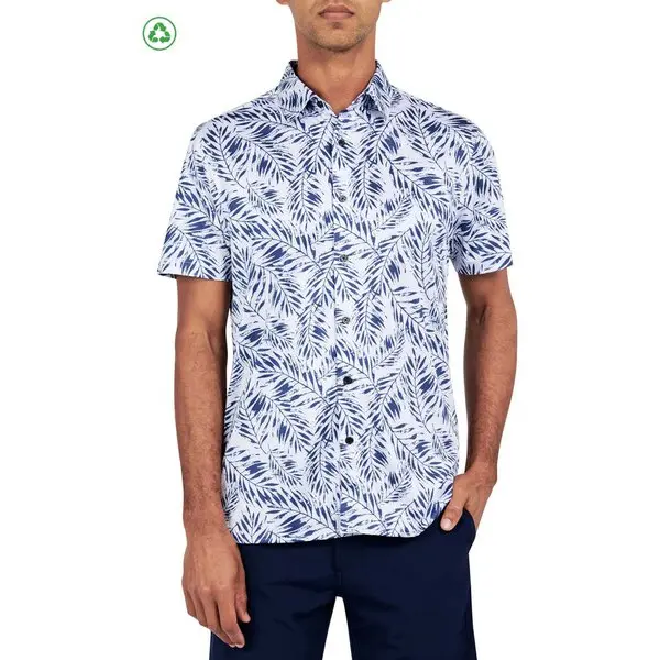 CON.STRUCT Leaf Print Performance Button-down Shirt - White/blue