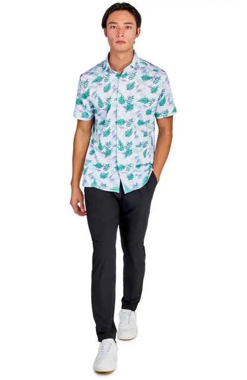 CON.STRUCT Regular Fit Cheetah Leaf Print Recycled Performance Golf Button-down Shirt - White