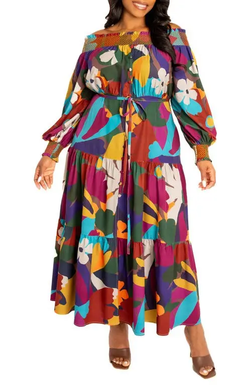 BUXOM COUTURE Floral Off-the-shoulder Maxi Dress - Brown Multi