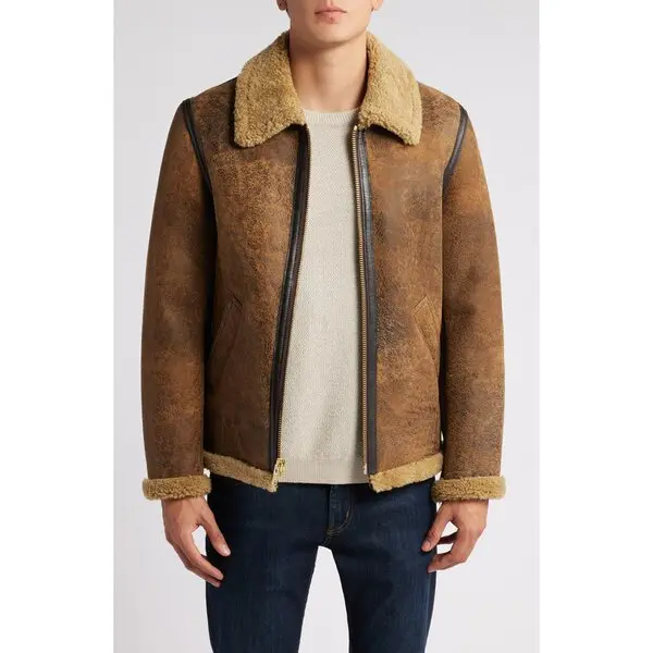 SCHOTT Genuine Shearling Collar Sheepskin Bomber Jacket