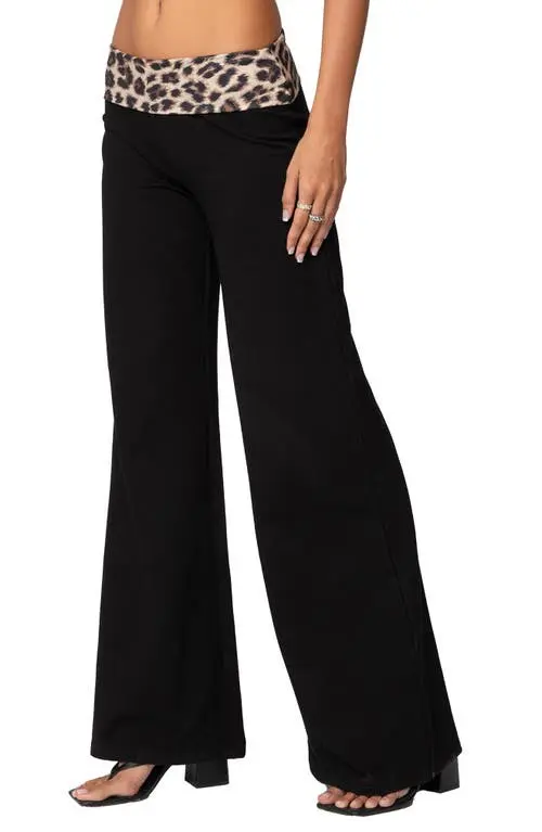 EDIKTED Foldover Waist Wide Leg Pants - Black/ Leopard Print