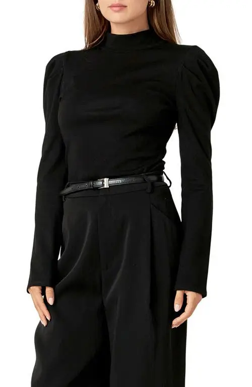 English Factory Puff Shoulder Mock Neck Rib Top