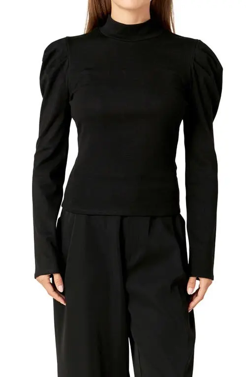 English Factory Puff Shoulder Mock Neck Rib Top