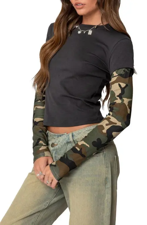 EDIKTED Camo Layered Long Sleeve Crop T-shirt - Dark-gray