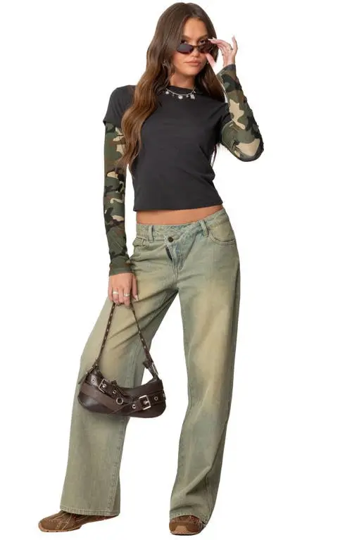 EDIKTED Camo Layered Long Sleeve Crop T-shirt - Dark-gray