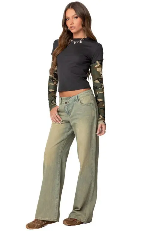 EDIKTED Camo Layered Long Sleeve Crop T-shirt - Dark-gray