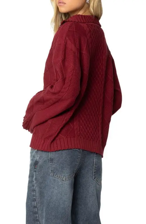 EDIKTED Cable Stitch Oversized Pullover Sweater - Burgundy