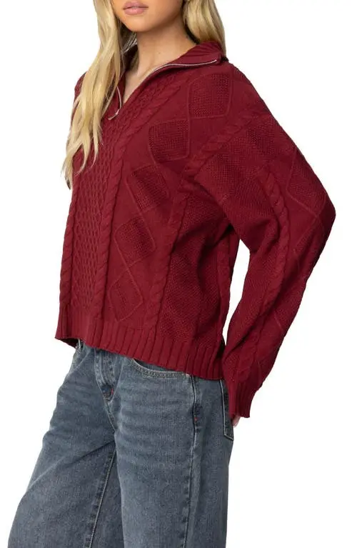 EDIKTED Cable Stitch Oversized Pullover Sweater - Burgundy