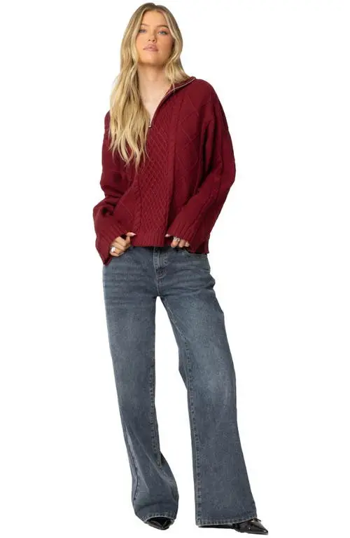 EDIKTED Cable Stitch Oversized Pullover Sweater - Burgundy