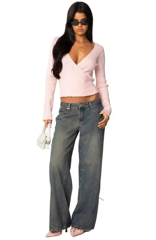 EDIKTED Paden Rib Knit Crop Wrap Top - Light-pink