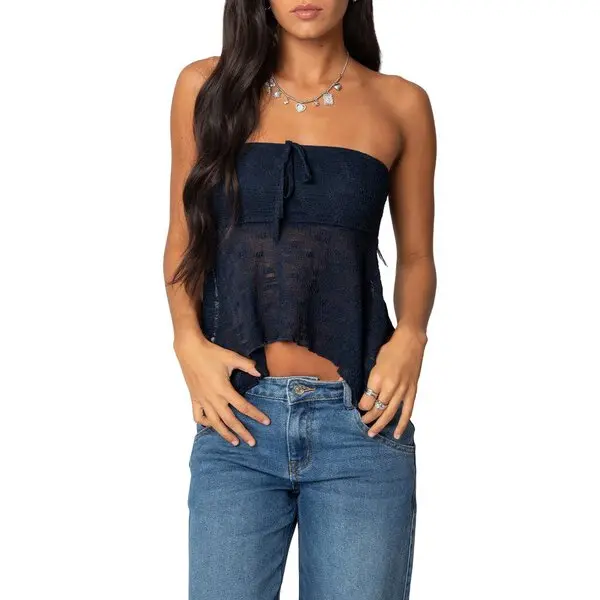 EDIKTED Embroidered Strapless Top - Navy