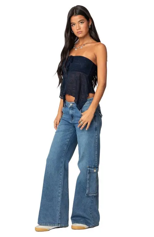 EDIKTED Embroidered Strapless Top - Navy