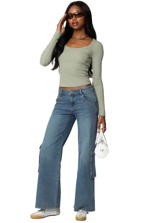 EDIKTED Makenna Ribbed Scoop Neck Top - Green