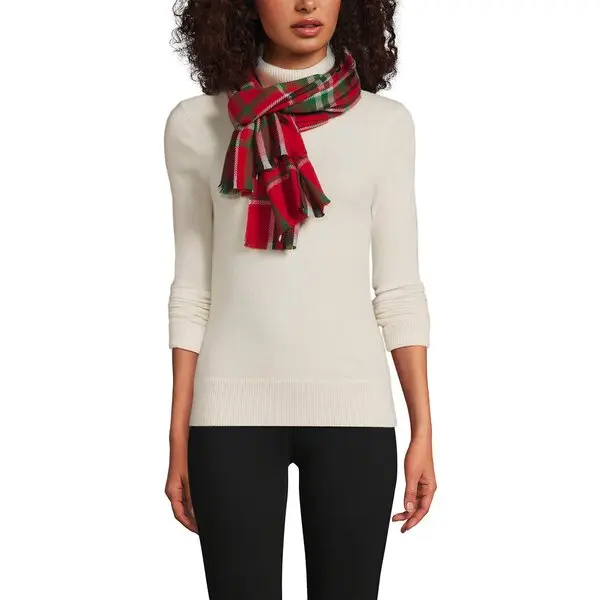 LANDS' END Cashtouch Winter Scarf Pattern - Compass Red Plaid