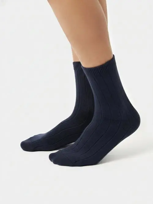 Gobi Cashmere Trim Knit Bed Socks - Navy Blazer