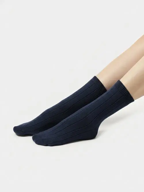 Gobi Cashmere Trim Knit Bed Socks - Navy Blazer