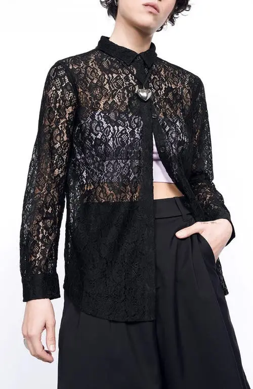 WILDFANG The Empower Long Sleeve Button-up - Black Lace